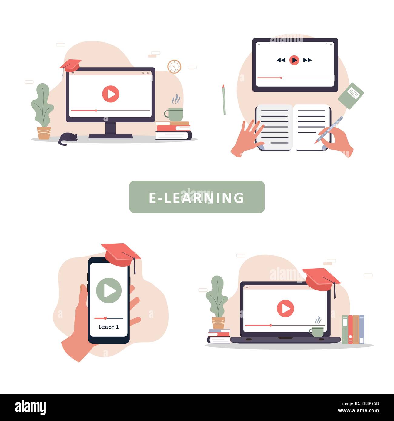 Online education. Flat design concept of training and video tutorials ...