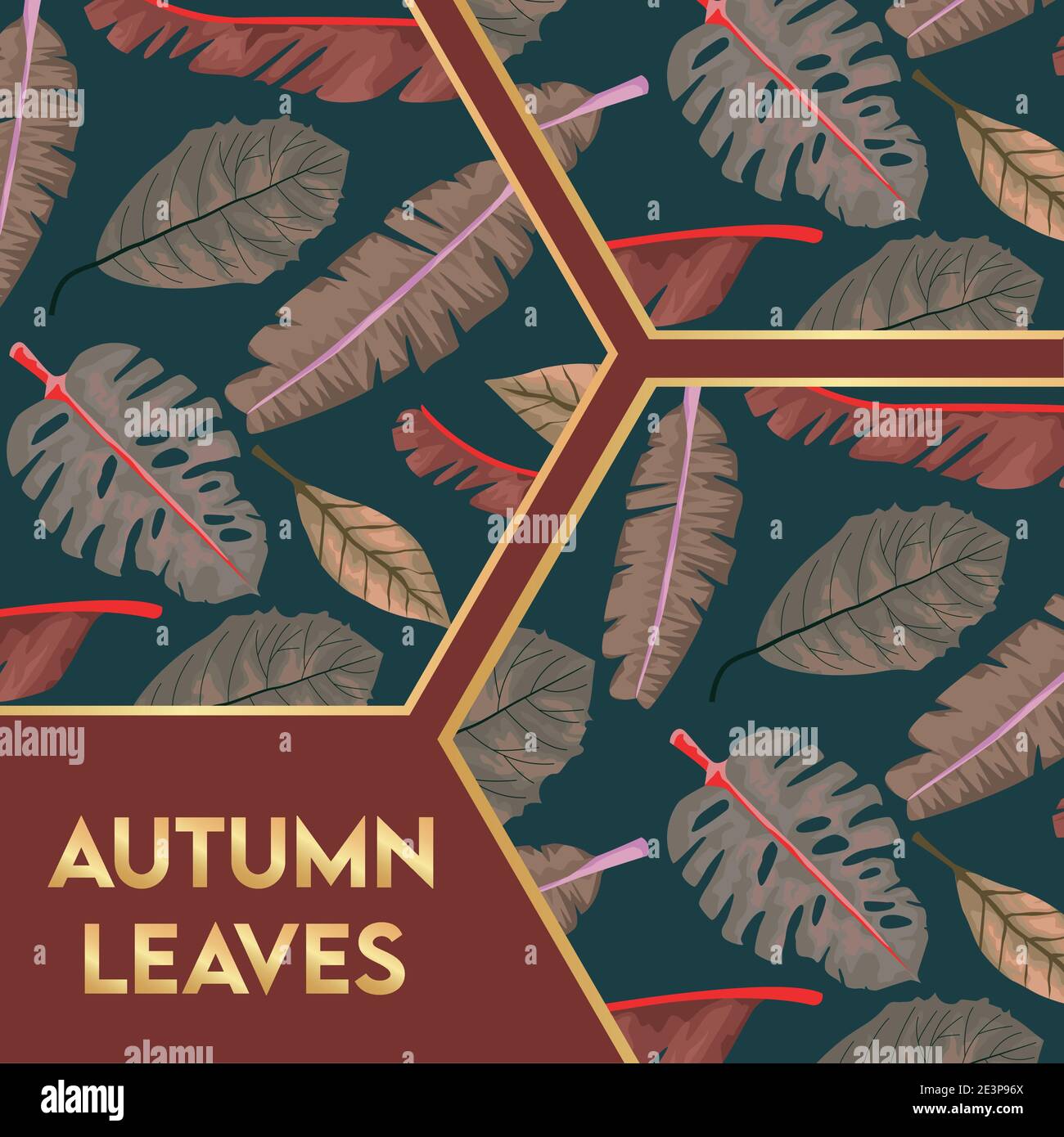 autumn leaves lettering in poster with dry leafs in red background ...