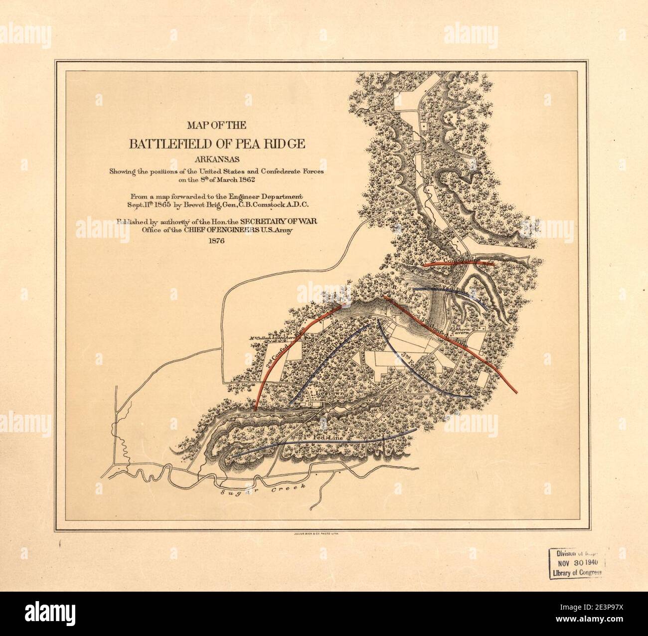 Map of the battlefield of Pea Ridge, Arkansas, showing the positions of ...