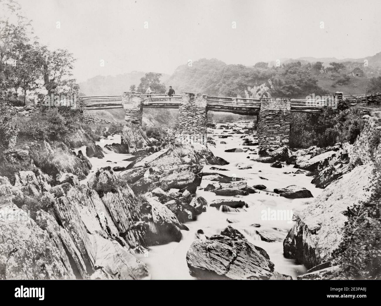 Vintage 19th century photograph: The Afon Lledr from the bridge at Pont ...