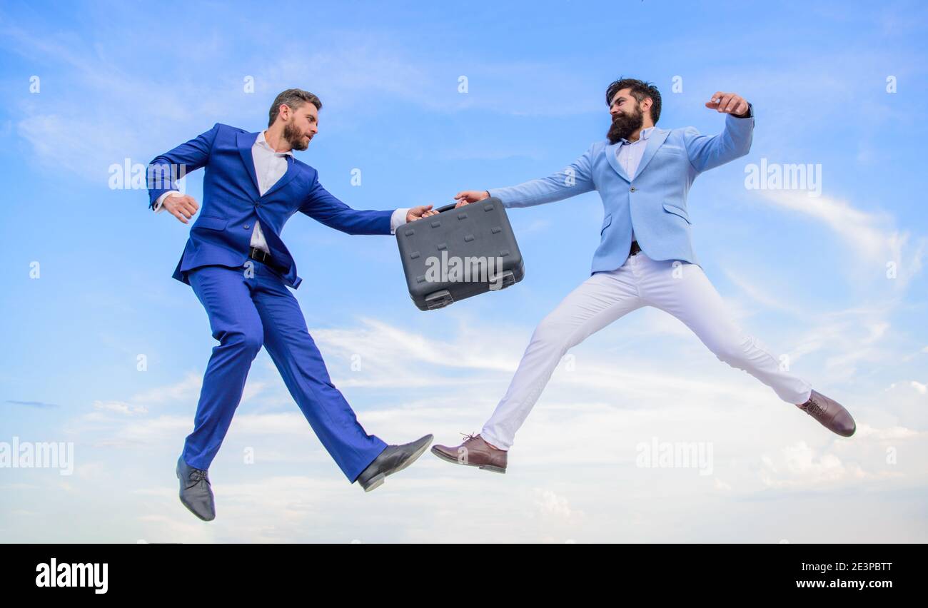 Easy Deal Business Businessmen Jump Fly Mid Air While Hold Briefcase Case With Raise Your