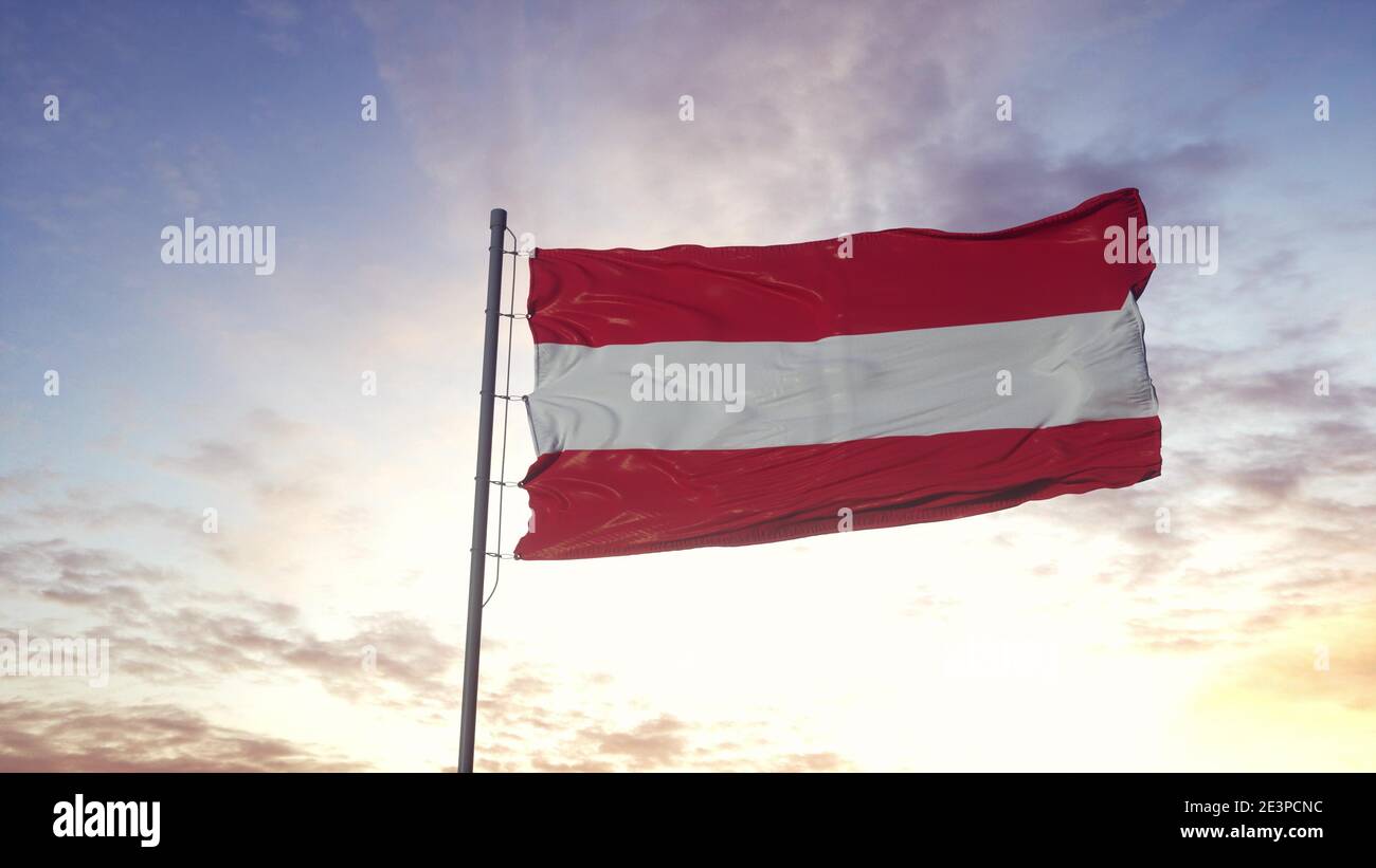 Austria flag waving in the wind, dramatic sky background. 3d ...