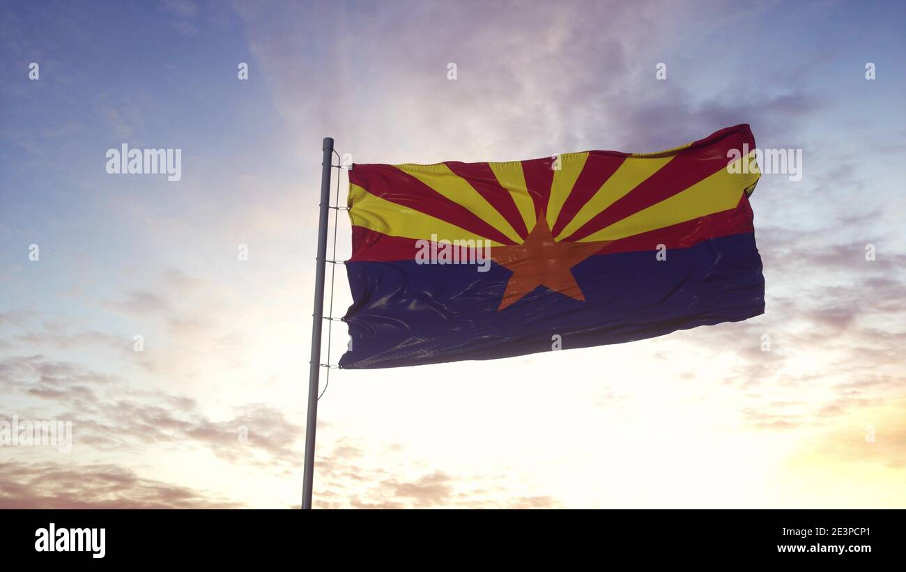 State flag of Arizona waving in the wind. Dramatic sky background. 3d ...