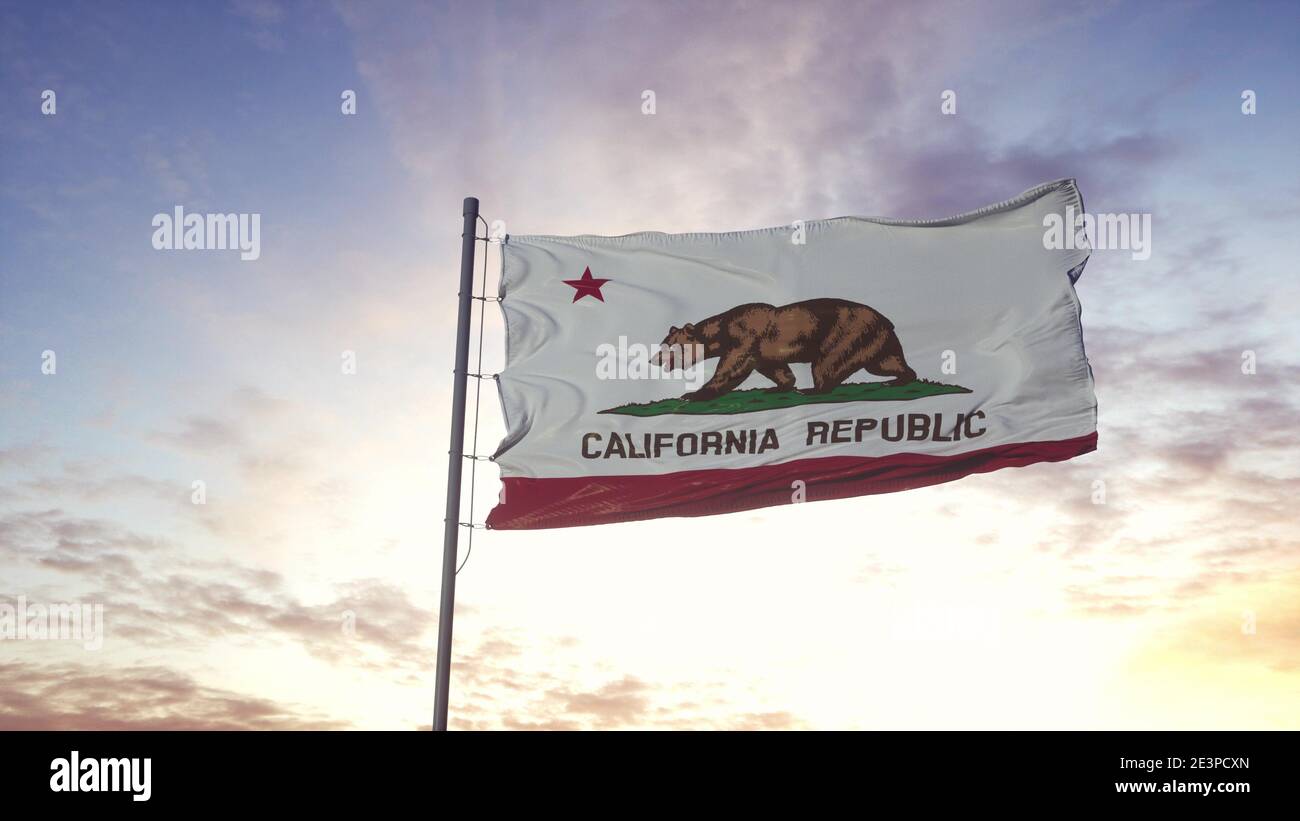 State flag of California waving in the wind. Dramatic sky background ...