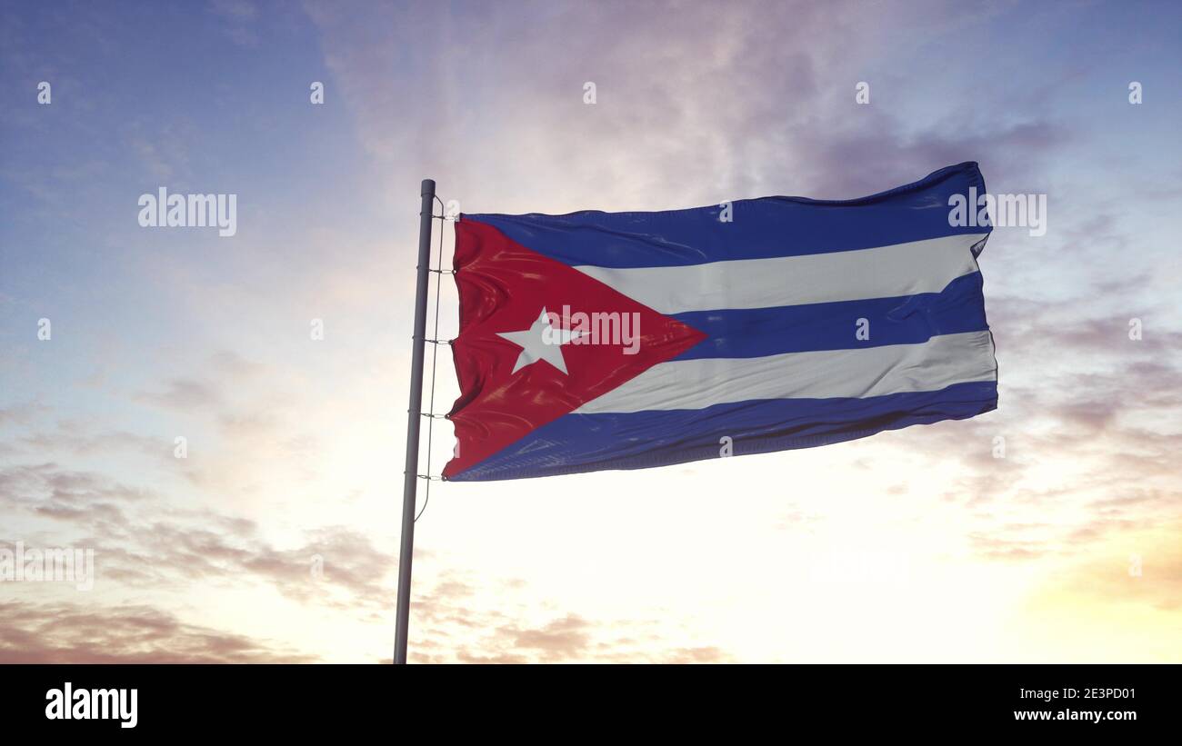 Cuba flag waving in the wind, dramatic sky background. 3d illustration ...