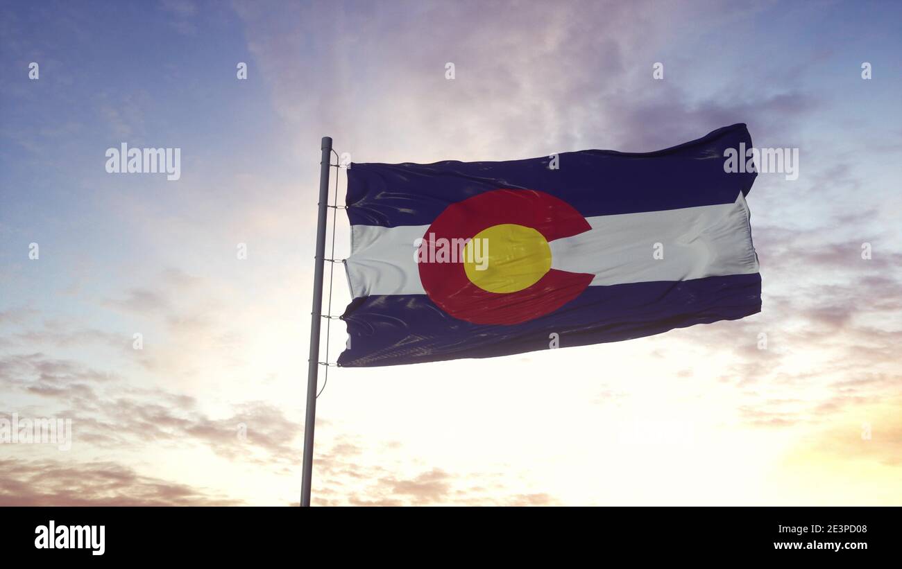 State flag of Colorado waving in the wind. Dramatic sky background. 3d ...