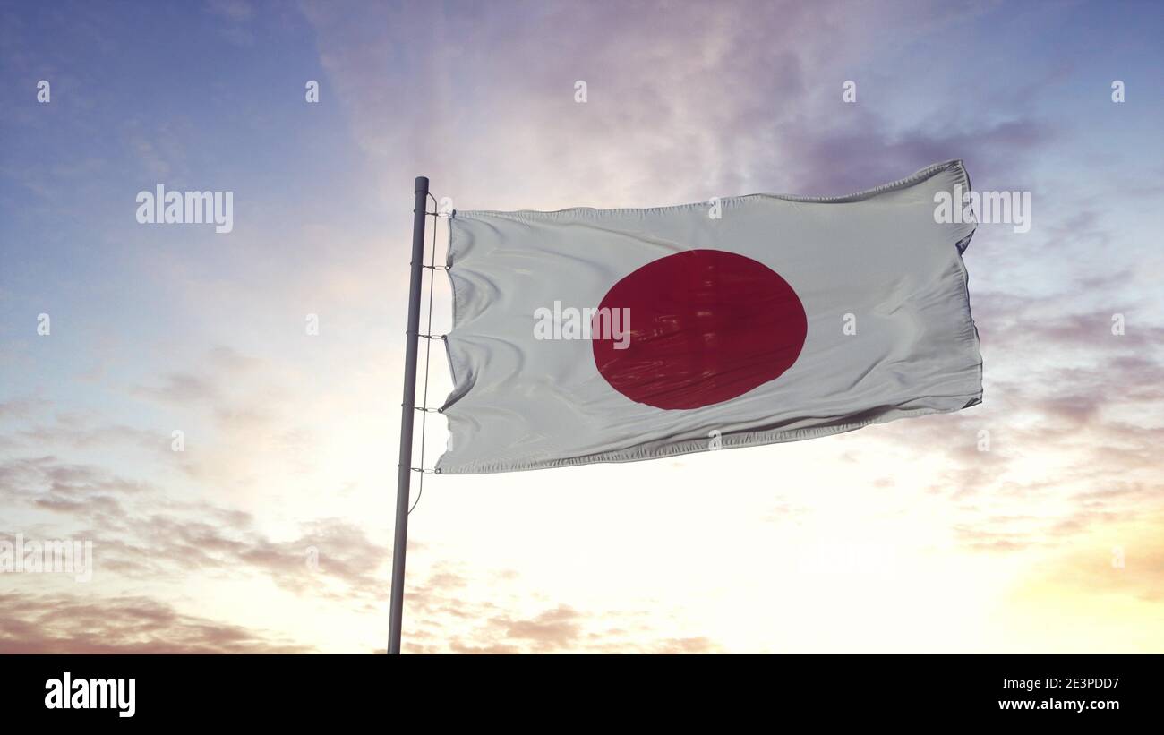 Japan flag waving in the wind, dramatic sky background. 3d illustration ...