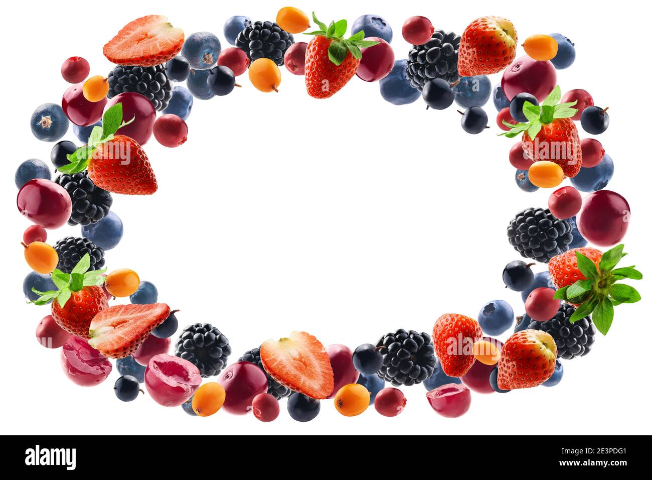 Many different berries in the form of a frame on a white background ...