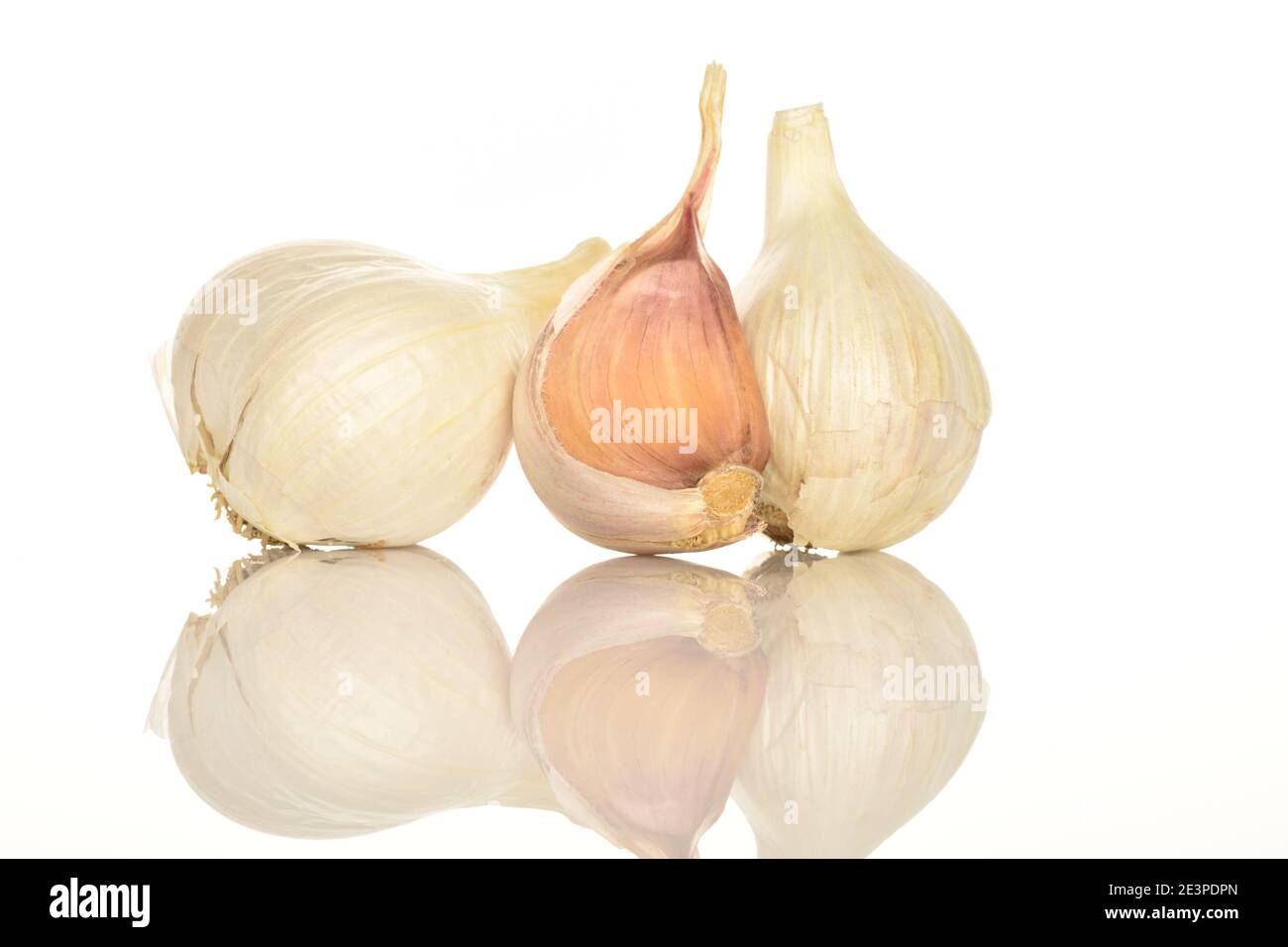 Two whole heads and one clove of spiced fresh fragrant garlic on a ...