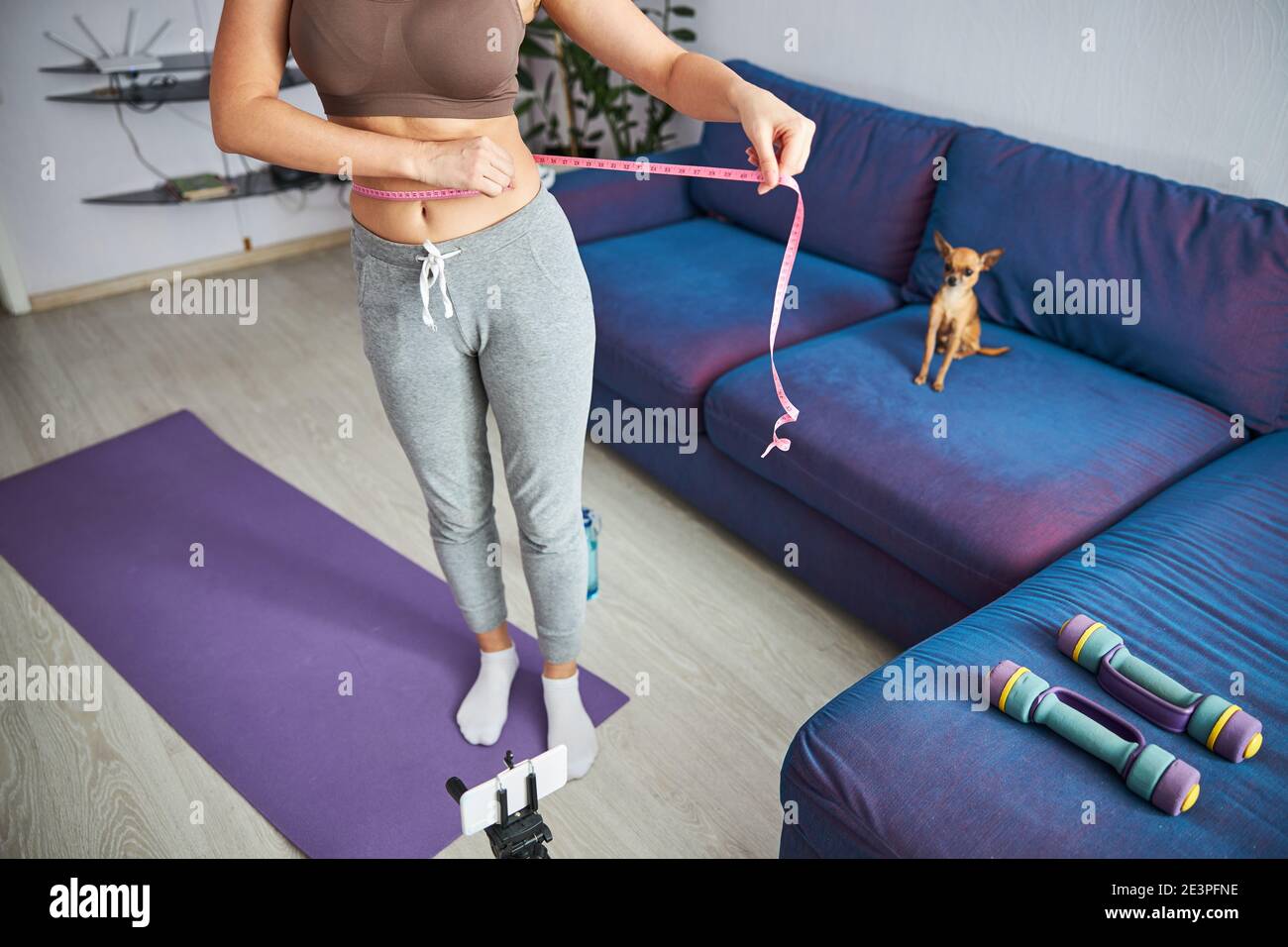 Woman making body measurements online workout at home Stock Photo - Alamy