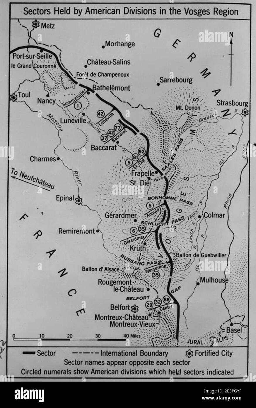 Map of sectors held by American Divisions in the Vosges region Stock ...