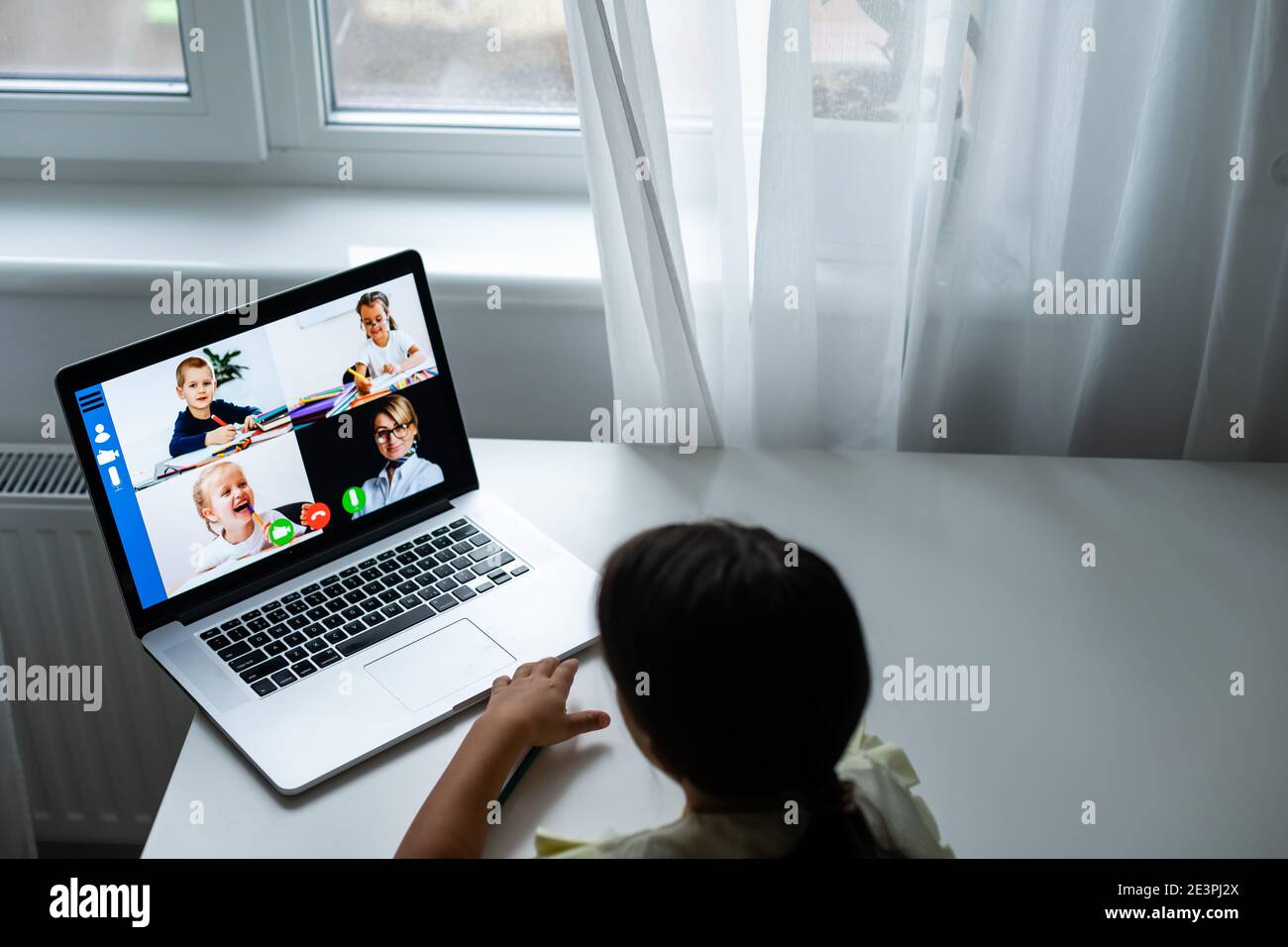 home, leisure, technology and internet concept - little student girl ...