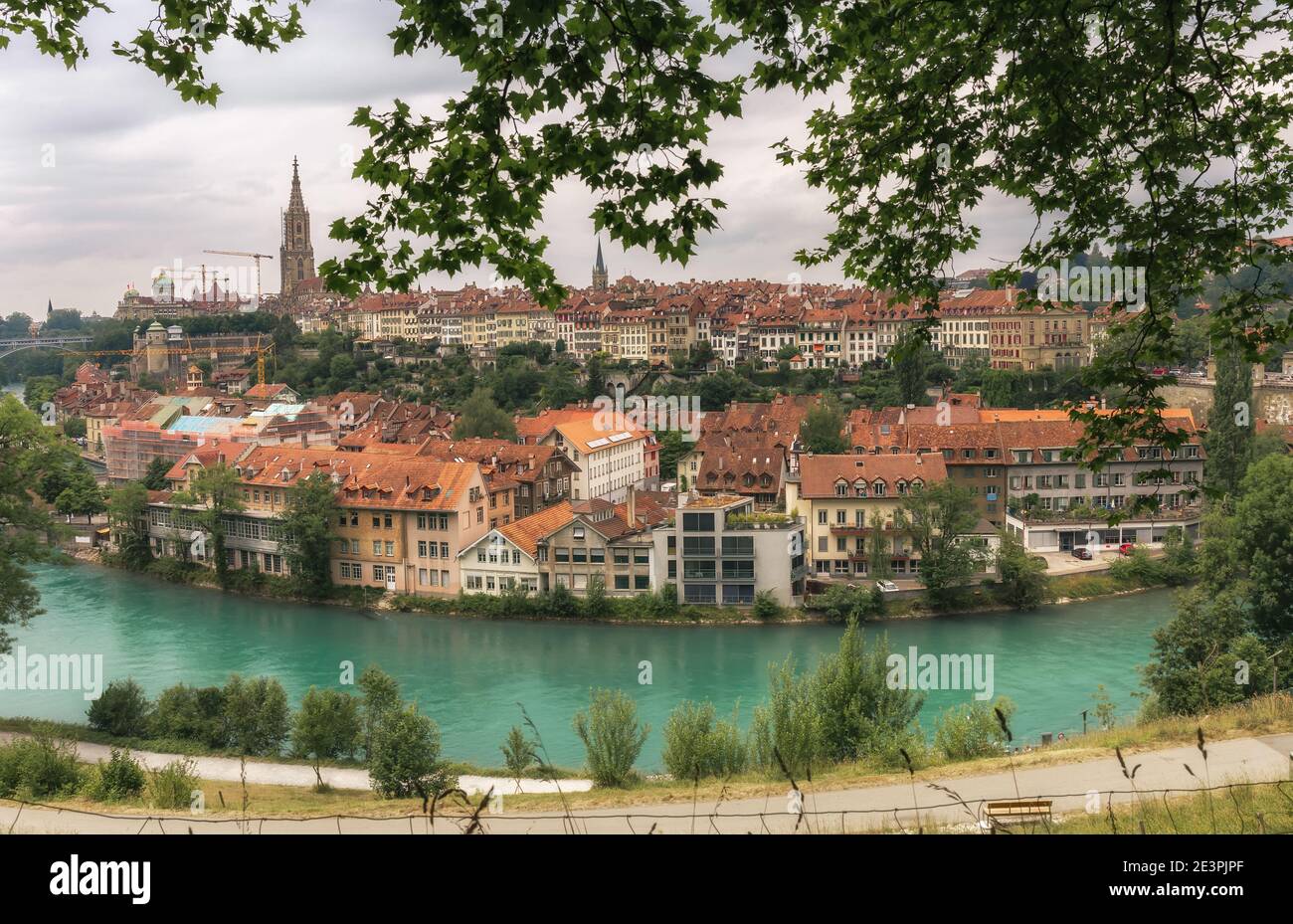 View from above on the historic architecture of Bern and the river Aare ...