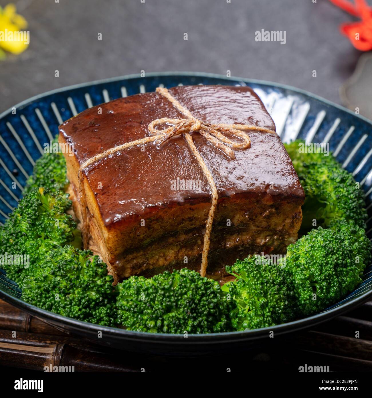 Dong Po Rou (Dongpo pork meat) in a beautiful blue plate with green ...