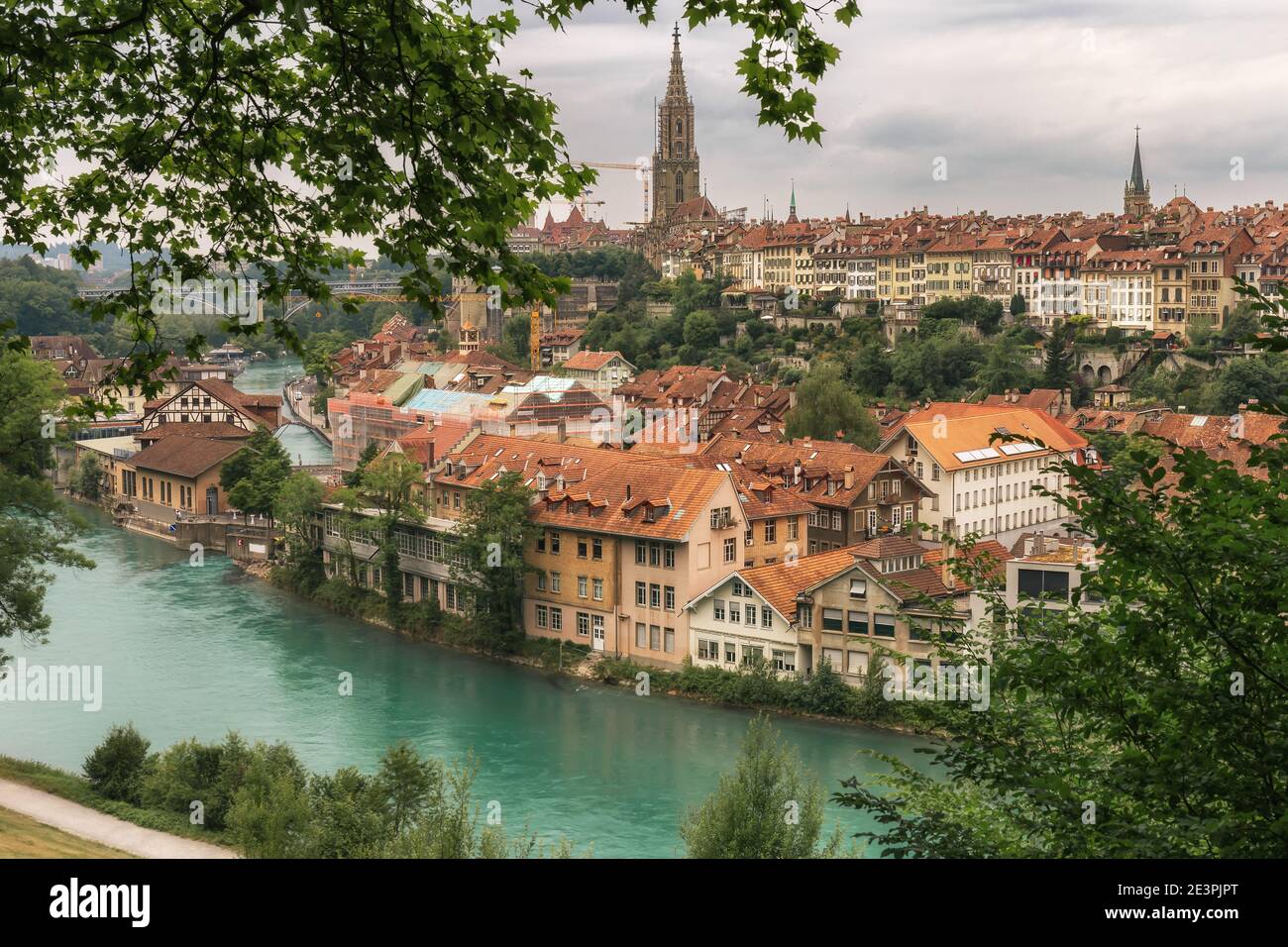 View from above on the historic architecture of Bern and the cathedral ...