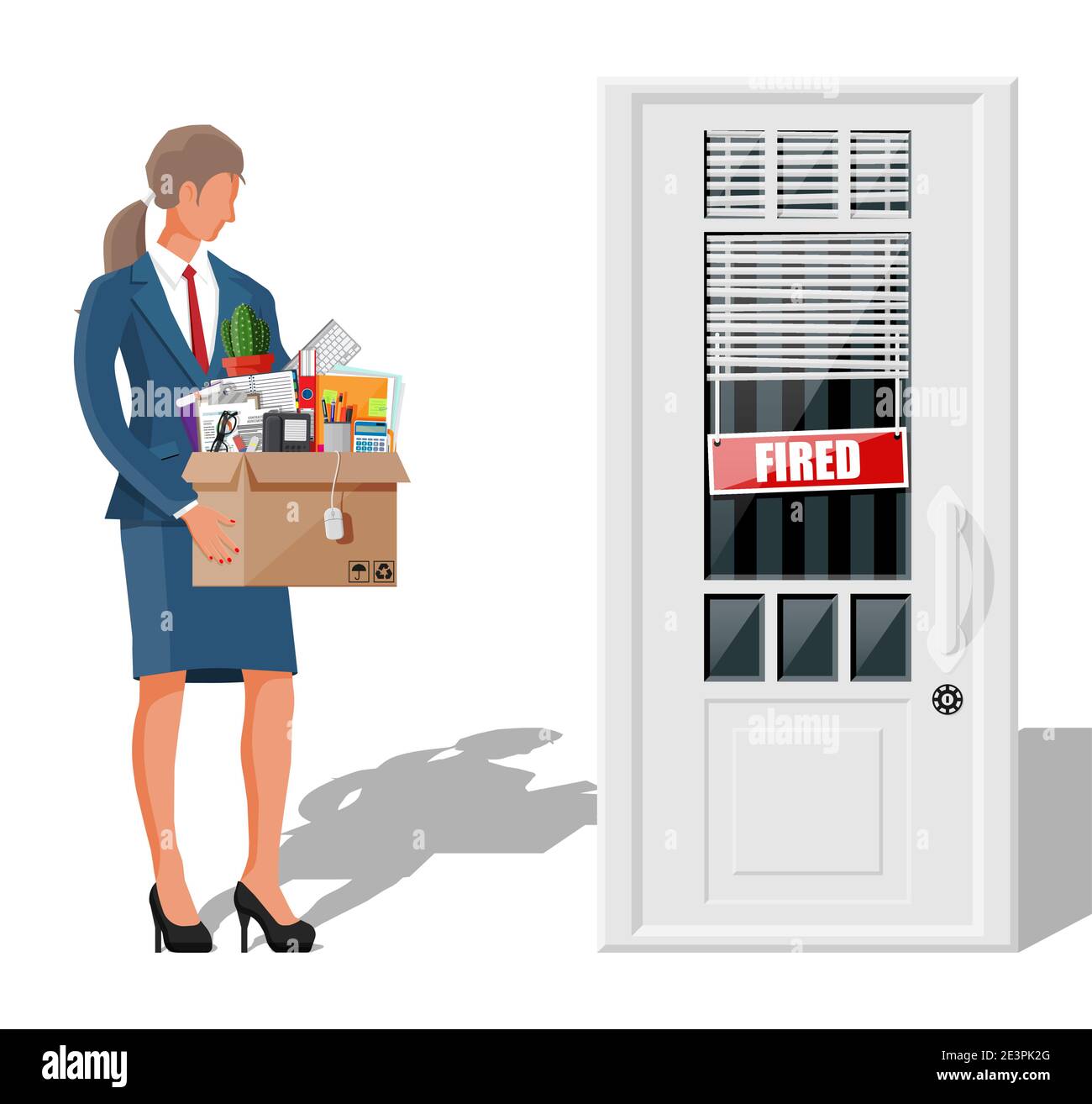 Dismiss employee, door with fired word plate and cardboard box with ...
