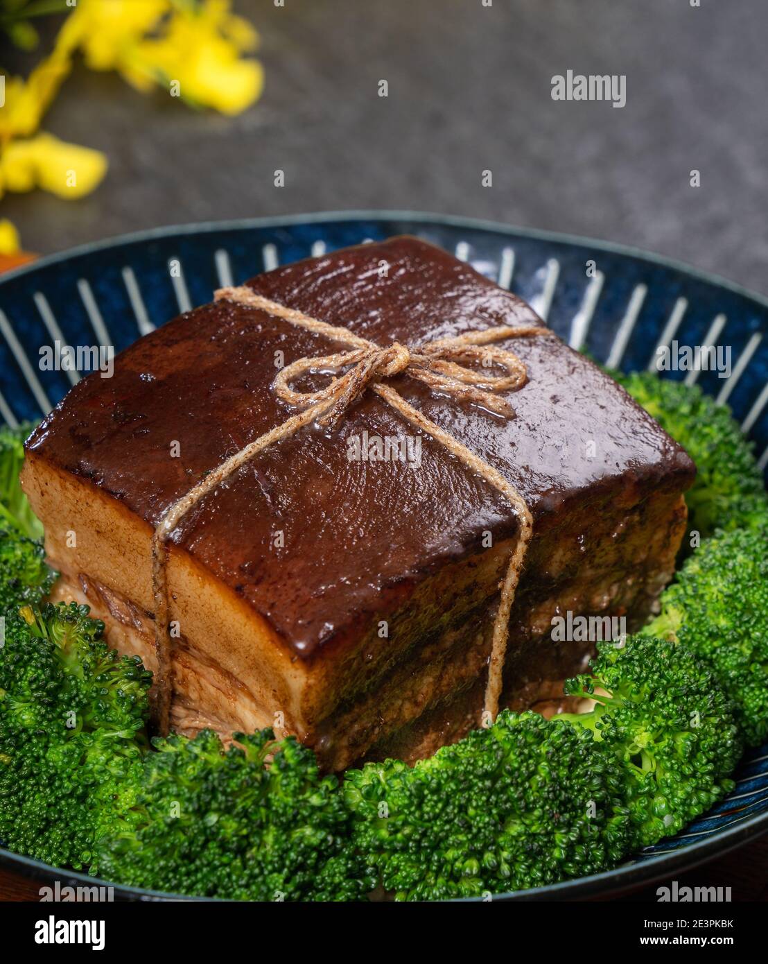 Dong Po Rou (Dongpo pork meat) in a beautiful blue plate with green ...