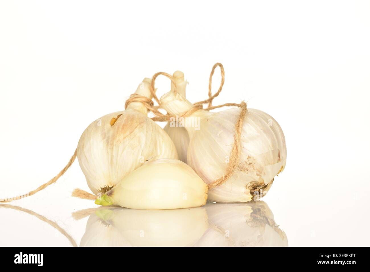 Two whole organic fragrant heads of garlic connected by jute thread on ...