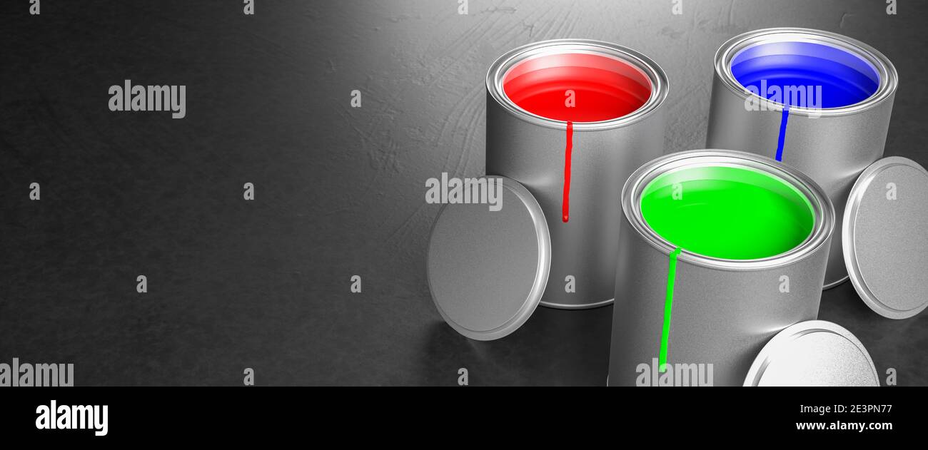 Paint pots with the RGB primary colors of the additive color model: Red ...