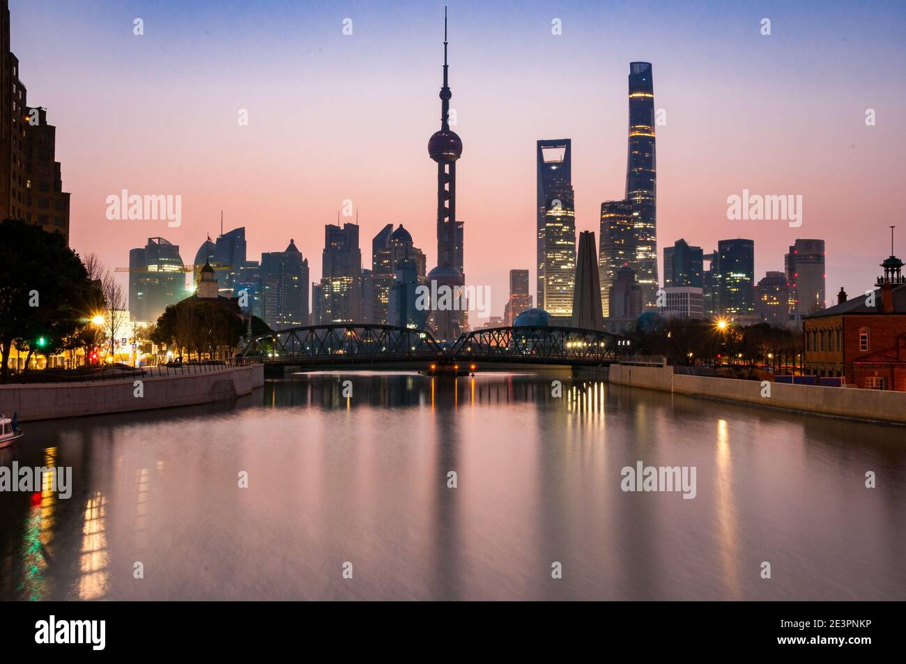 Sunrise view along Suzhou Creek from the Zhapu Road bridge towards ...