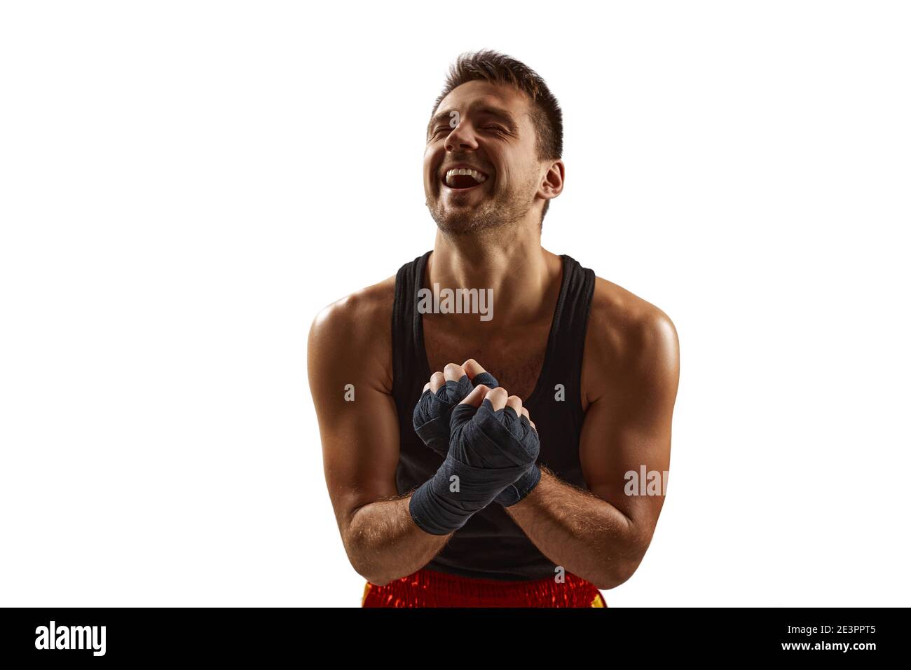 portrait of happy handsome boxer laughs isolated on white background ...