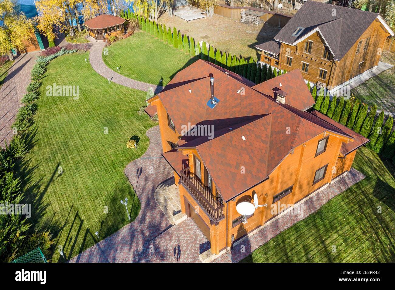 Aerial overhead elevated view of beautiful luxury big wooden modern ...