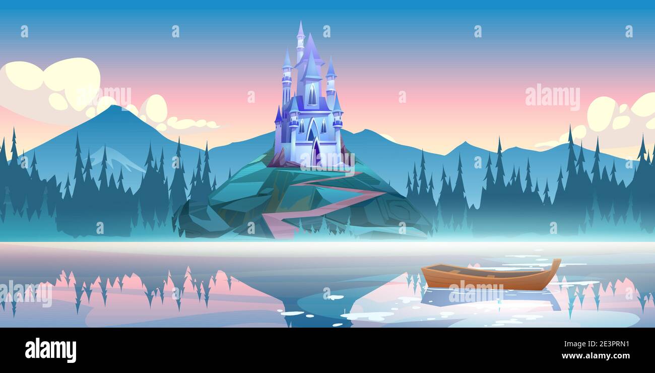 Fantasy blue castle on rock at morning. Vector cartoon mountain ...