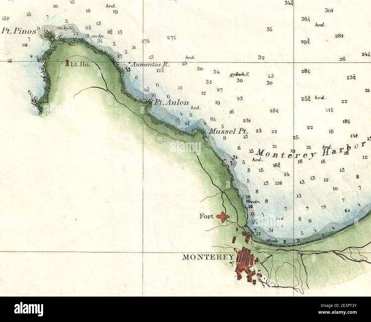 Map of Monterey Bay and Point Pinos Lighthouse detail in 1857 U.S ...