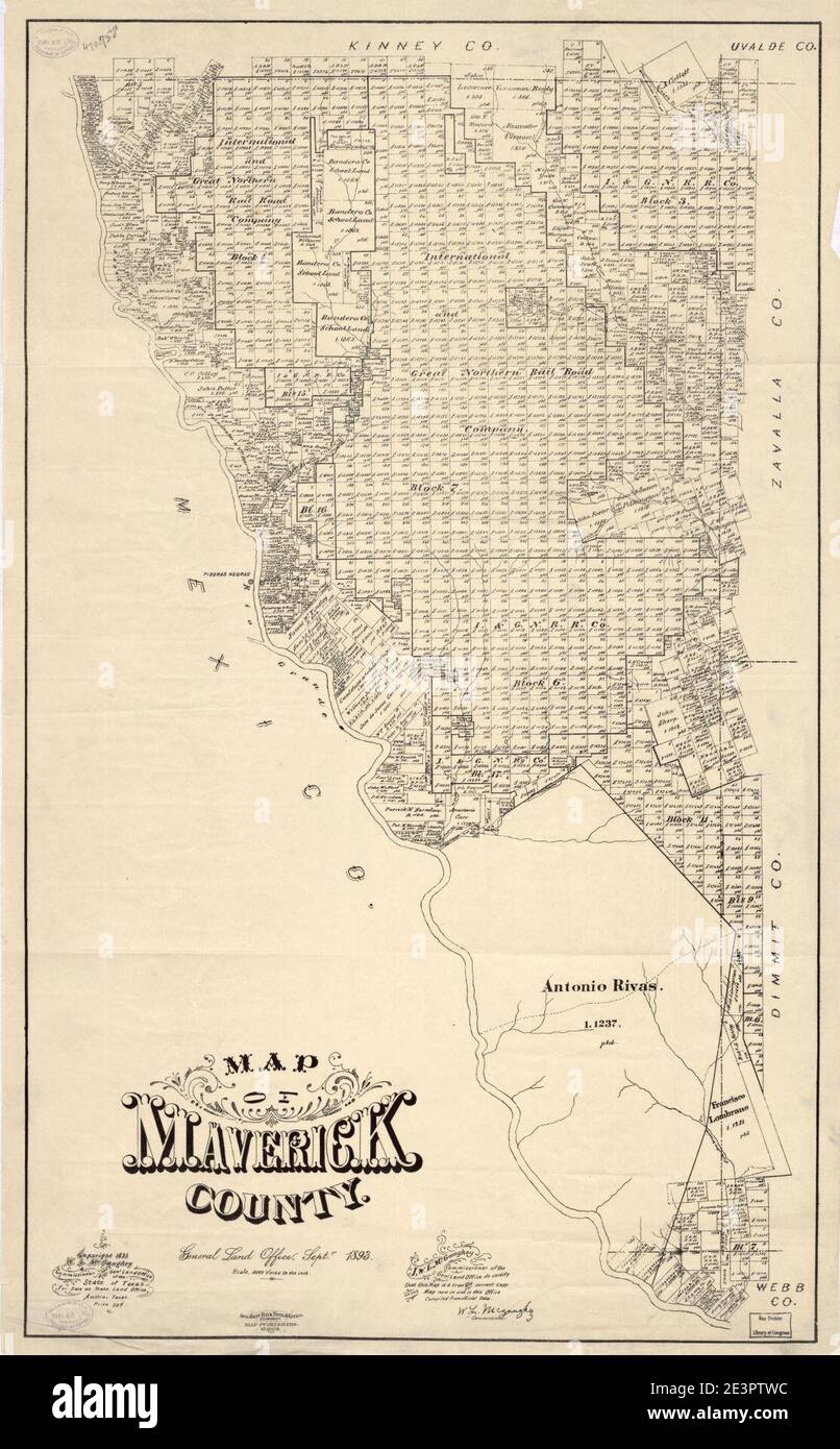 Map of Maverick County - General Land Office, Sept. 1893 Stock Photo ...