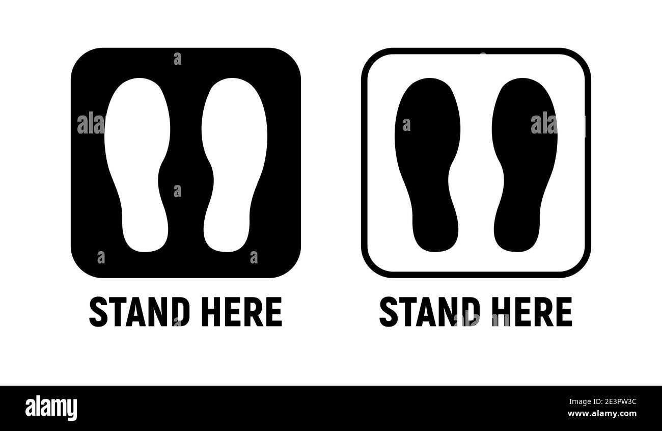 Stand here distance social icon. Wait here feet sign design sticker ...