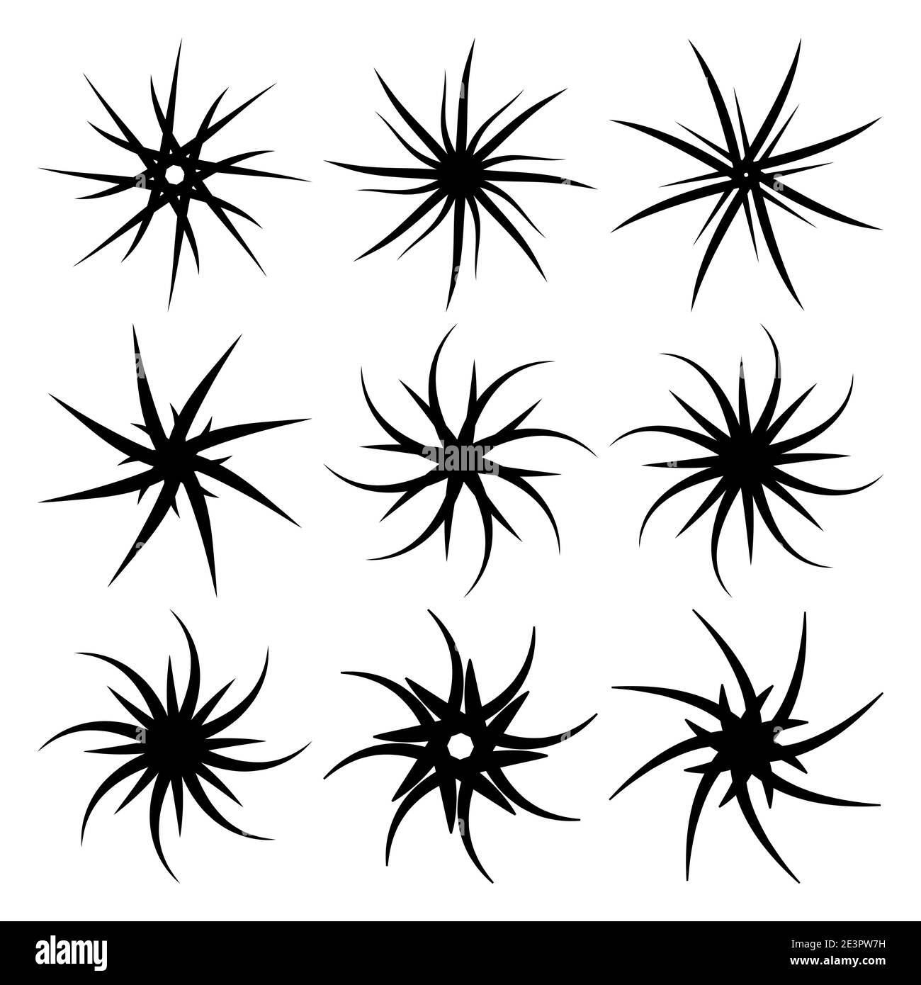Geometric abstract star icon set. Concentric pattern with spiked, sharp starburst symbol. Vector ...