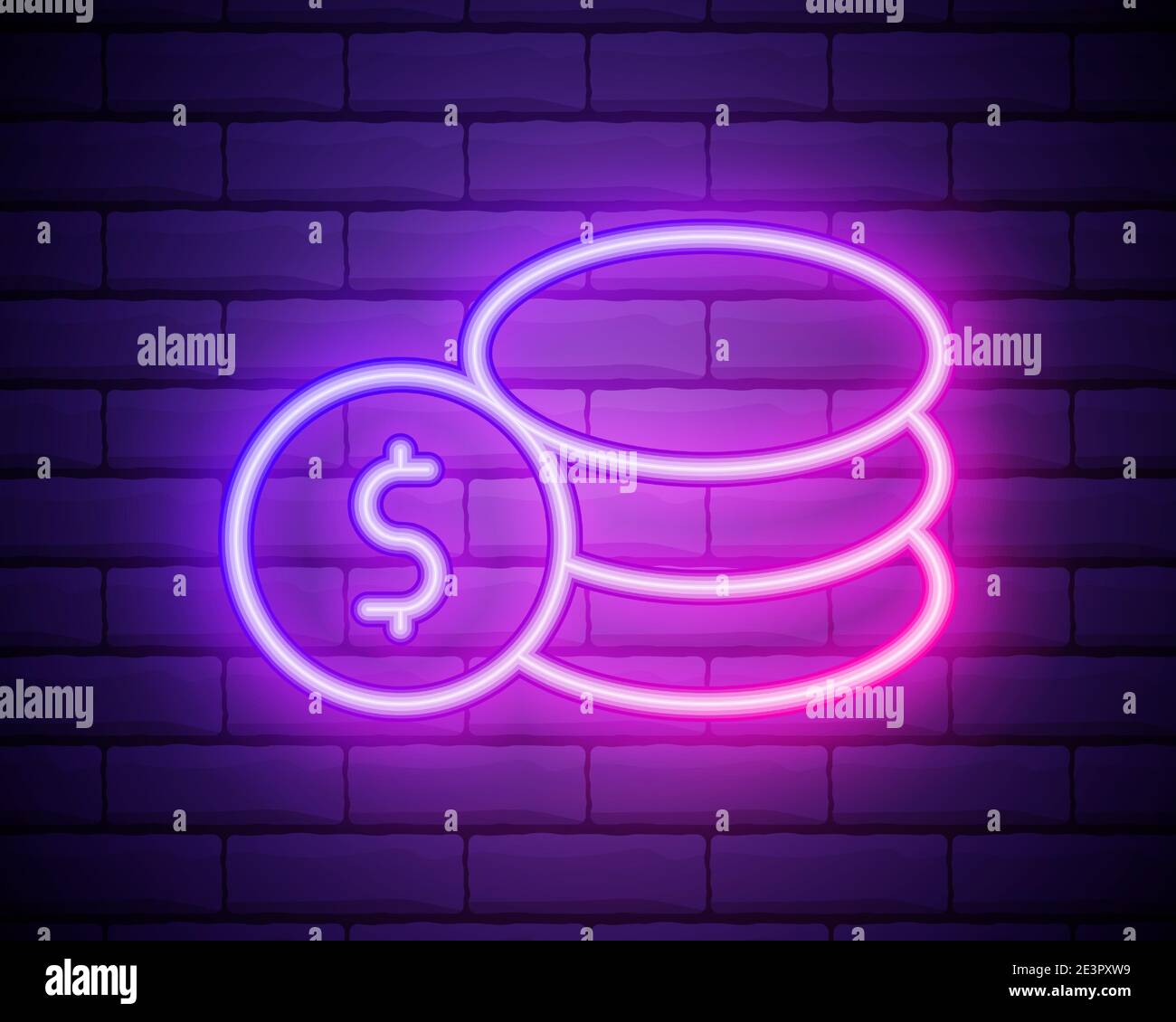 Neon glowing icon of stack of coins isolated on brick wall background ...