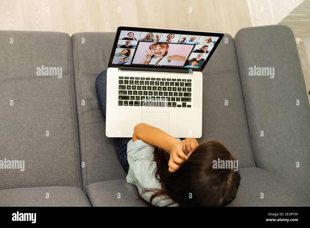 cheerful young little girl children using laptop computer, studying ...