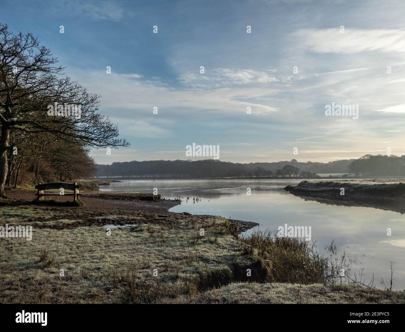 beautiful river scene on a bright cold frosty winter morning Stock ...