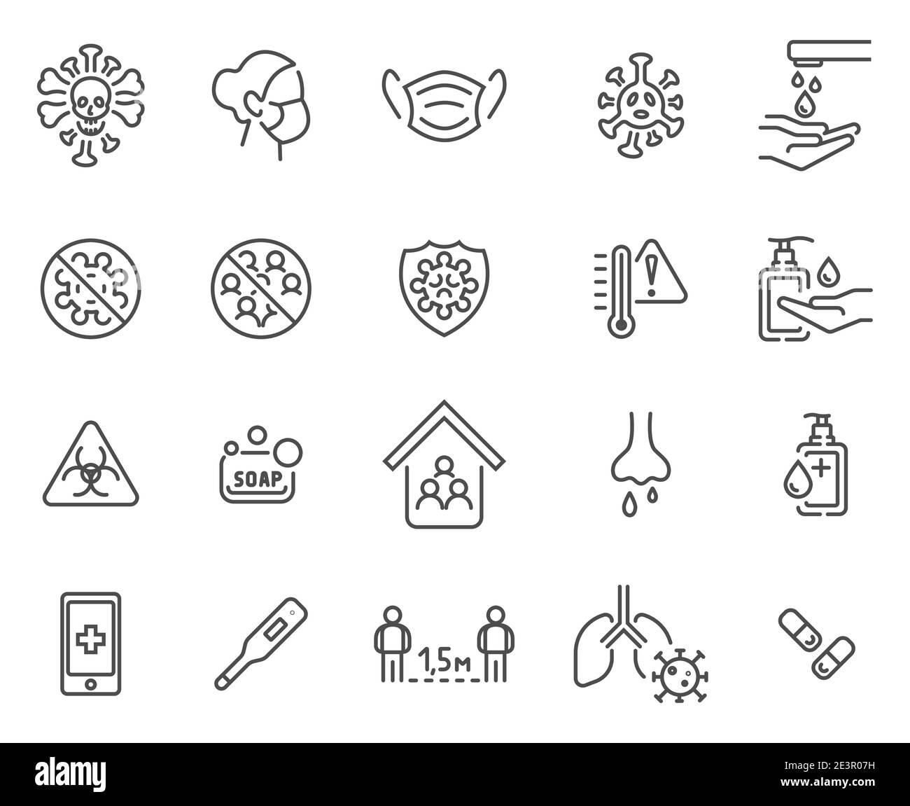 A set of icons on the theme of coronavirus. Social distance, mask mode ...