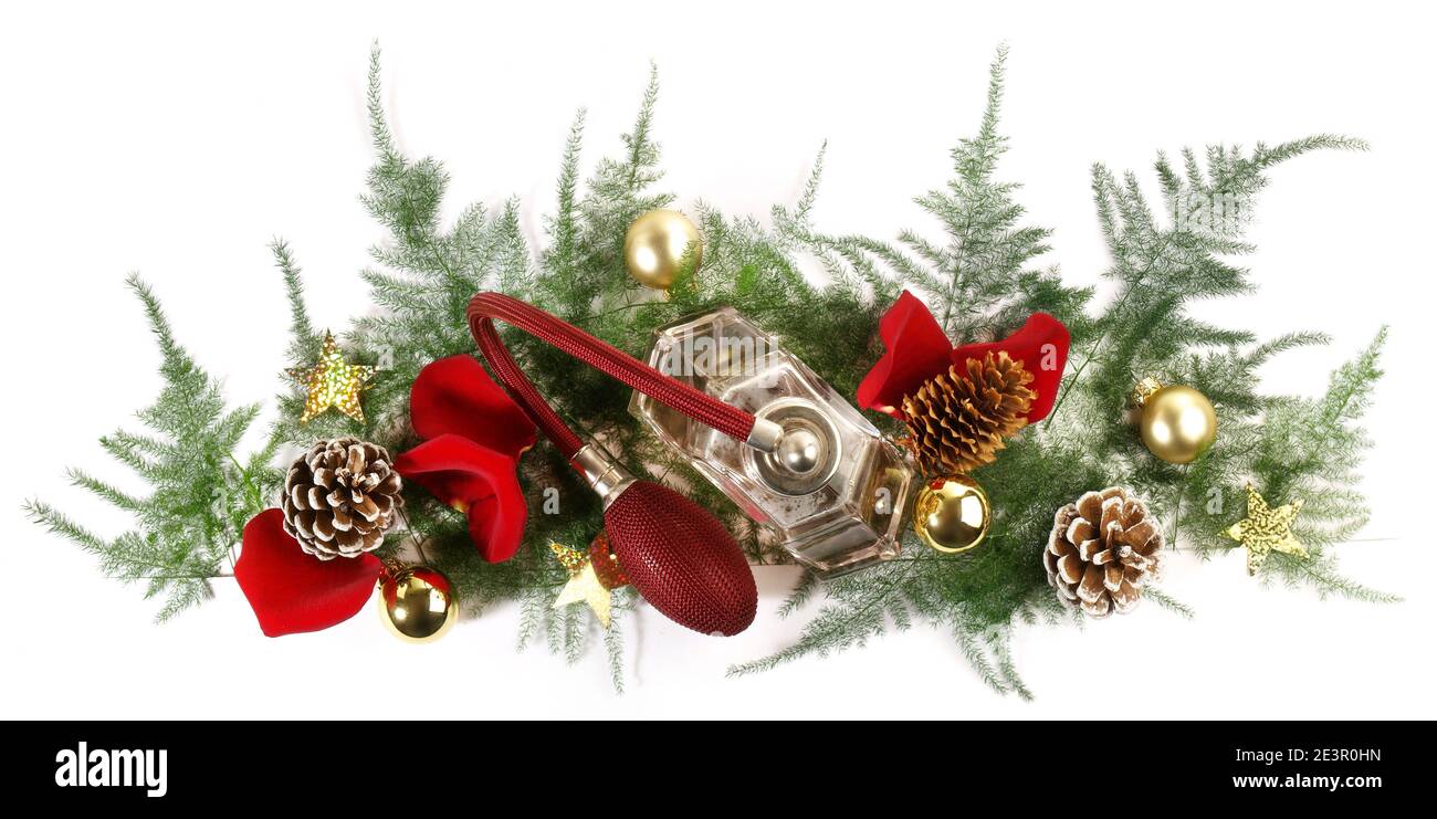 Cristmas Decoration Banner with Perfume Bootle and Rose Petals Panorama ...