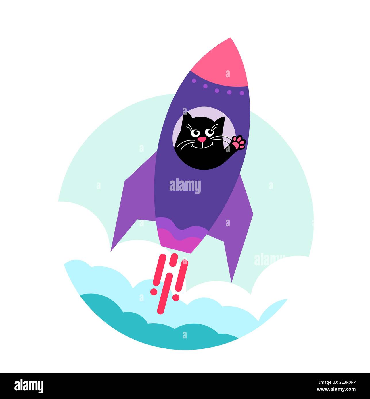 Space cat. happy cute cat takes off on a space rocket up. Flat design ...