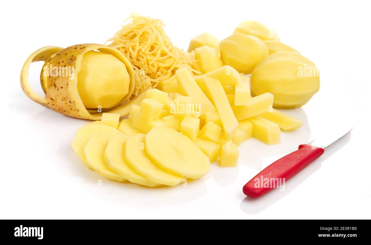 Peeled Potato in different cuts isolated on white Background - Cutting ...