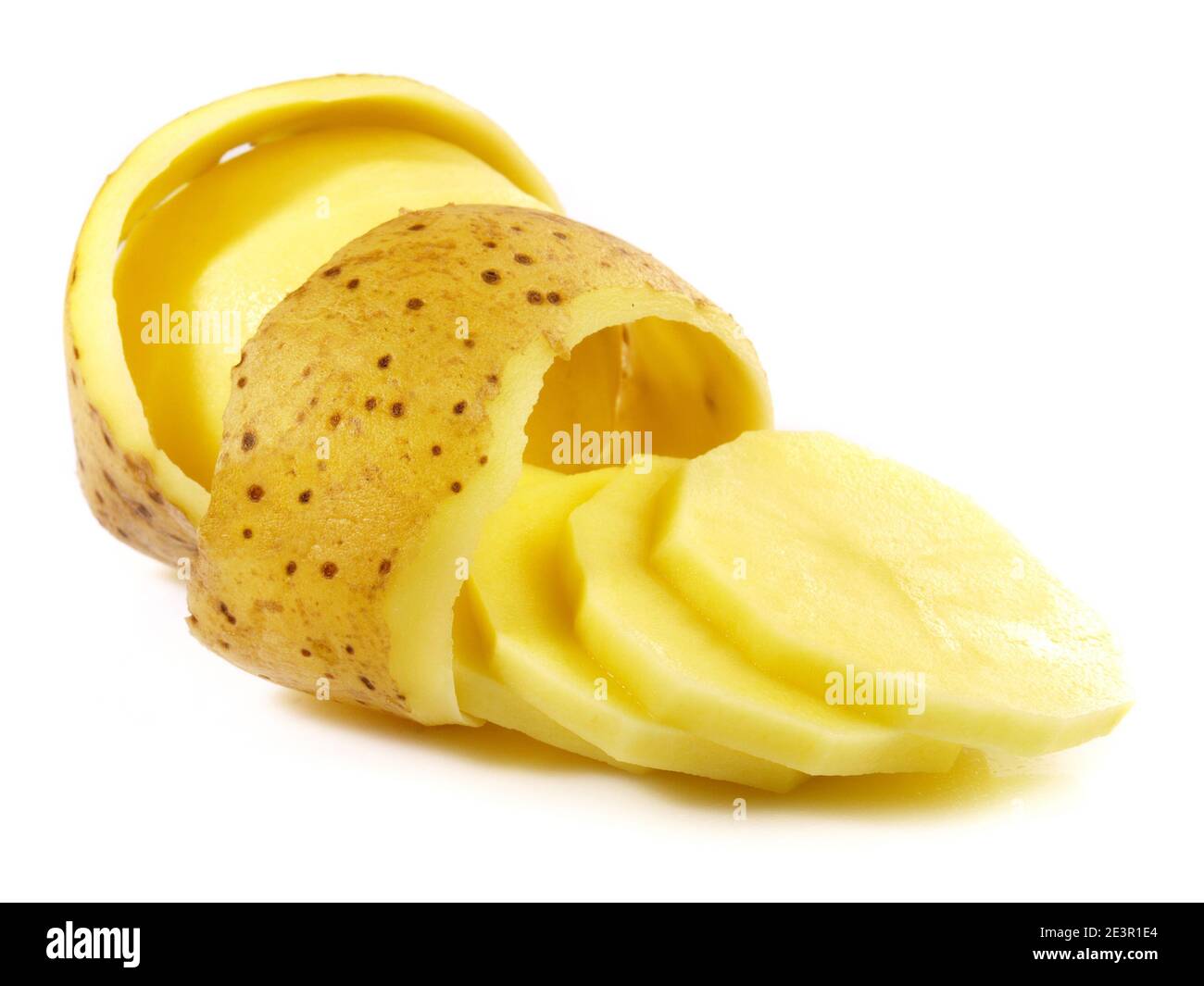 Peeled Potato with Potato Slices isolated on white Background Stock ...