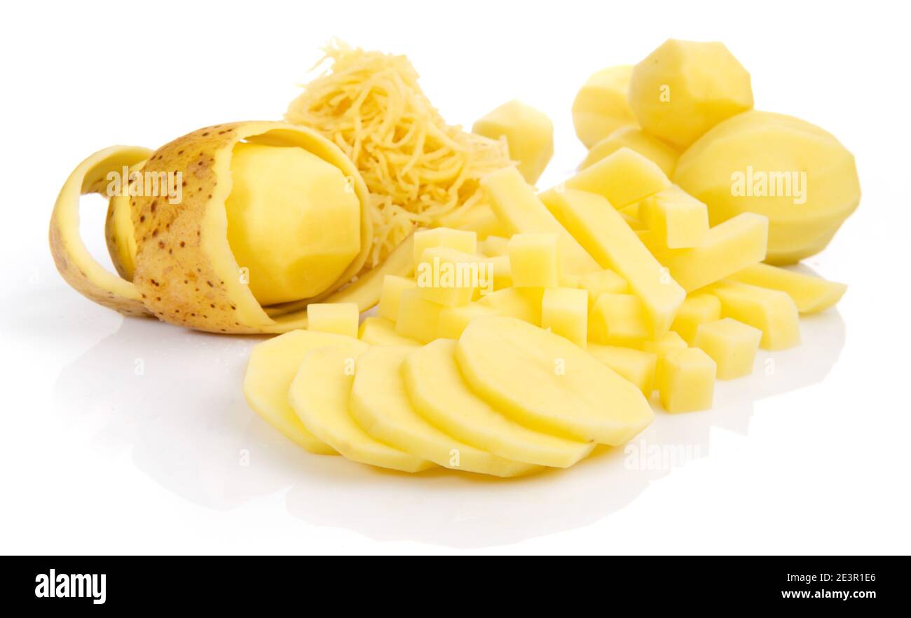 Peeled Potato in different cuts isolated on white Background - Cutting ...