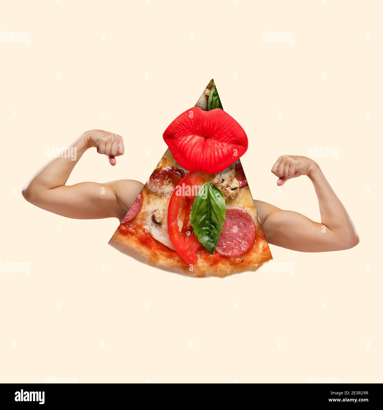 Contemporary art collage. Strong male body headed by slice of pizza and ...