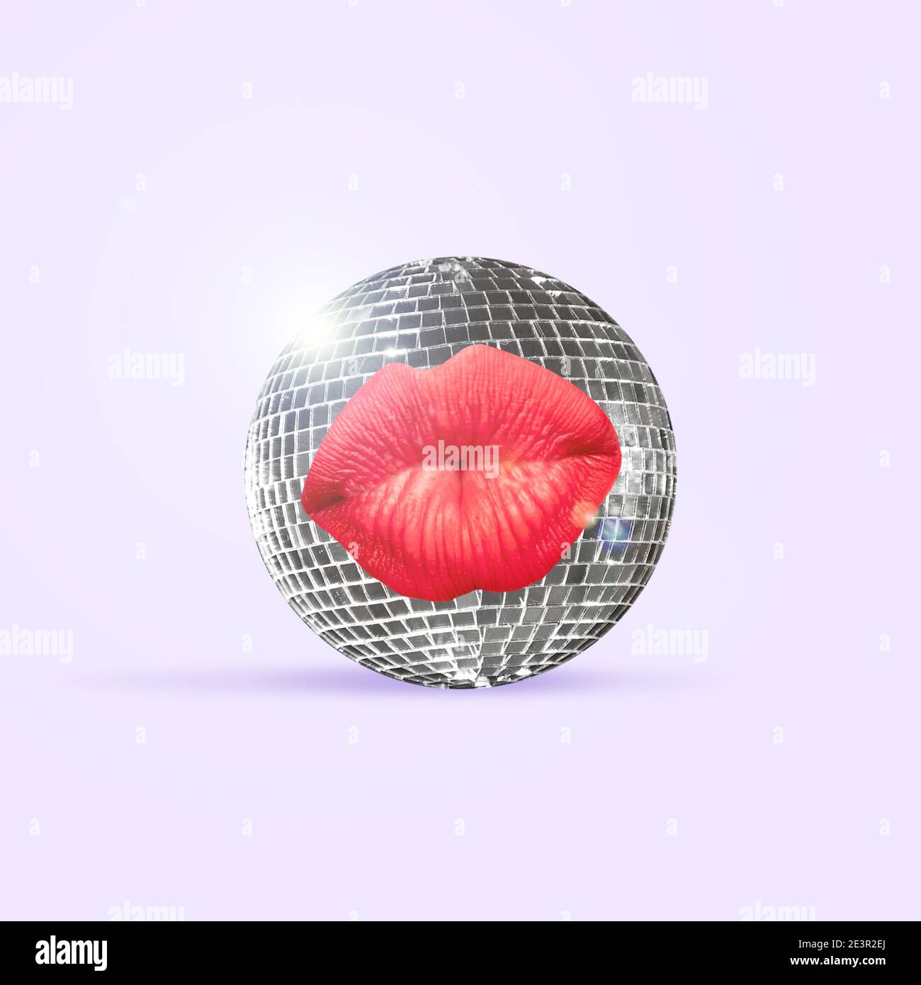 Contemporary art collage. Red female lips on disco ball isolated on ...