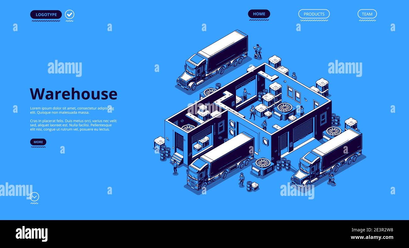 Warehouse logistics isometric landing page, workers loading freight in ...