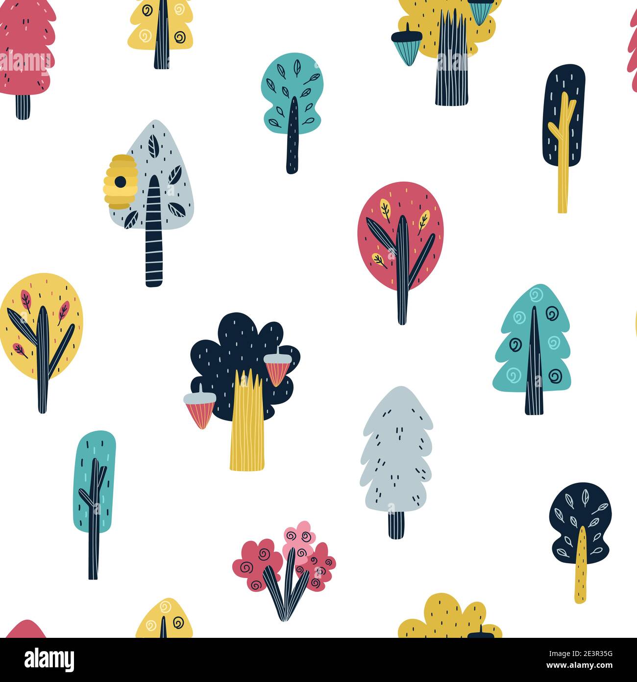 Woodland seamless pattern with cute trees. Forest background in ...