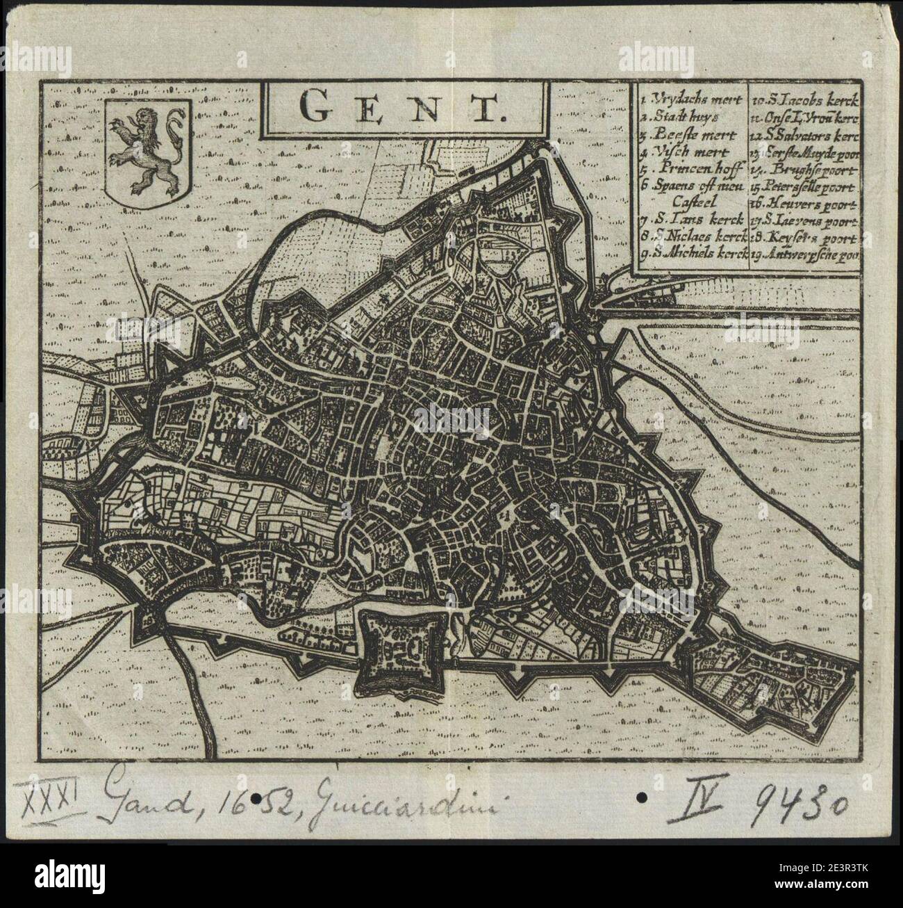Map of Ghent by Guicciardini, 1652 Stock Photo - Alamy