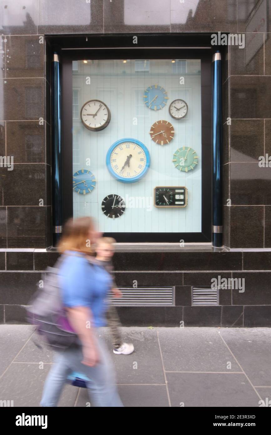 Clocks, Gordon Street, Glasgow, Scotland, UK 5 Jul 2017. A shop window ...