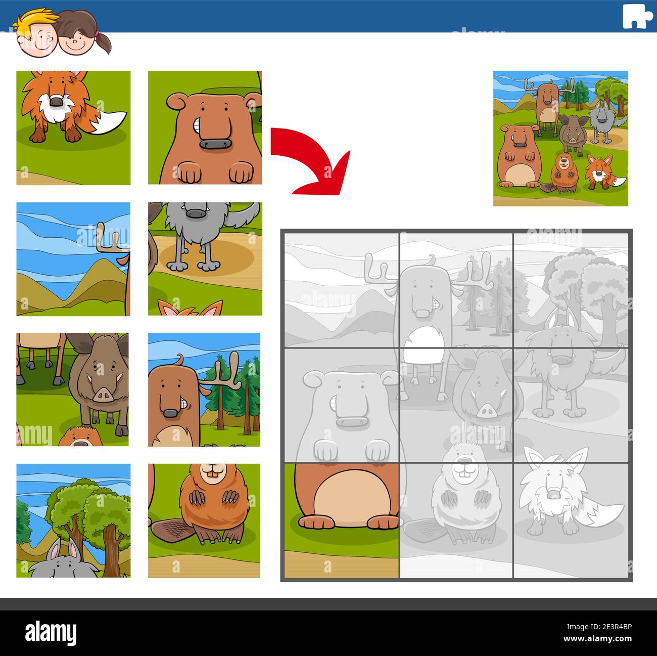 Cartoon illustration of educational jigsaw puzzle game for children ...