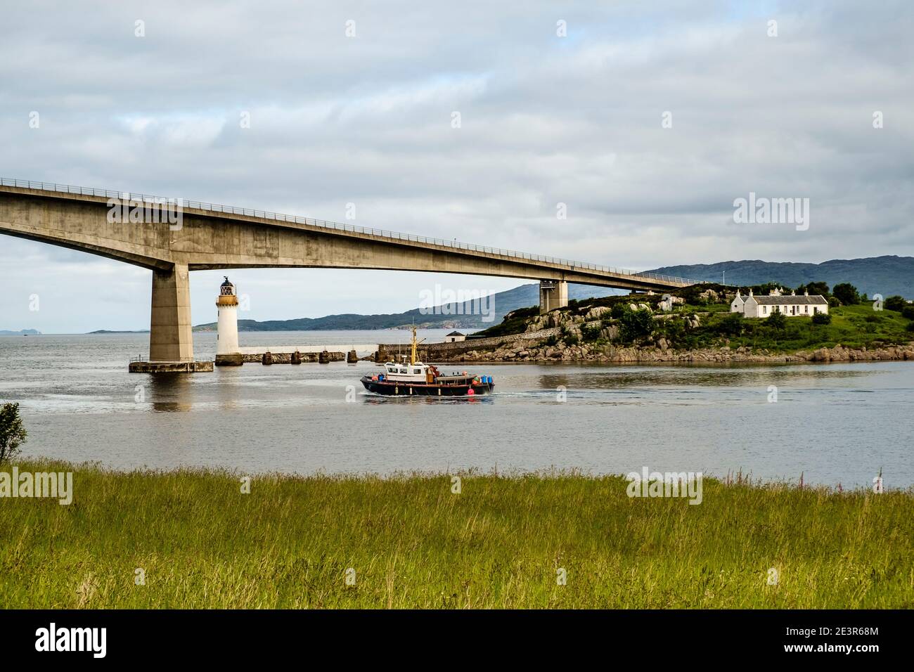 Skye Bridge, lighthouse and keepers cottages on Eilean Bàn, with ...