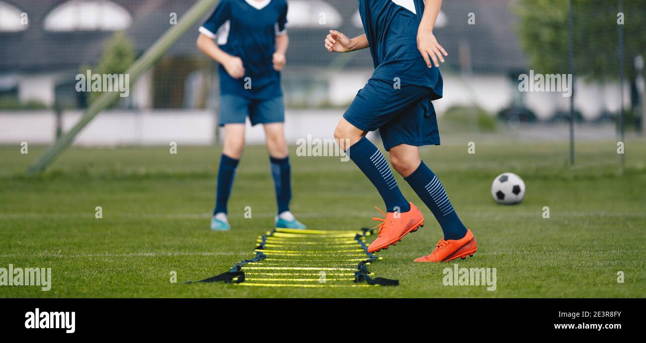 Soccer Ladder Drill. Young Football Boy Exercise on Ladder. Kids on ...