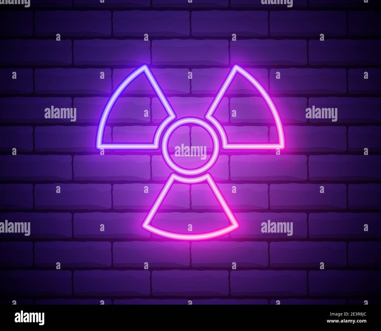 Glowing neon Radioactive icon isolated on brick wall background ...